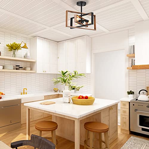 Capslpad Industrial Rectangle Ceiling Light Rustic Retro Farmhouse Rotatable Flush Mount Ceiling Light Fixture for Kitchen Dining Room Living Room Bedroom Hallway Entryway (Faux-Wood)