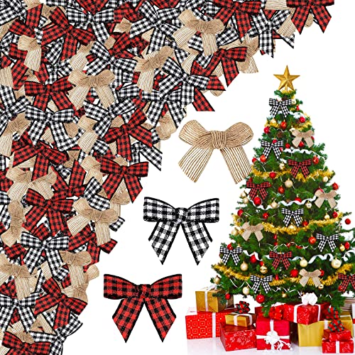 JOICE 120pcs Christmas Mini Burlap Bow Buffalo Plaid Bow for Craft,White and Black Checkered Bows Red and Black Gingham Ribbon Bows Farmhouse Home Decoration for Christmas Tree Gift Decorations (3 Colors)