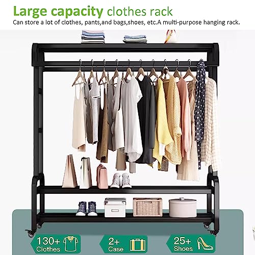 HM&DX Clothes Rack with Wheels,Double Rods Clothing Rack for Hanging Clothes,Heavy Duty Clothes Garment Racks,Industrial Pipe Clothes Rack,Metal Rolling Clothing Racks Organizer for Clothes Shoes