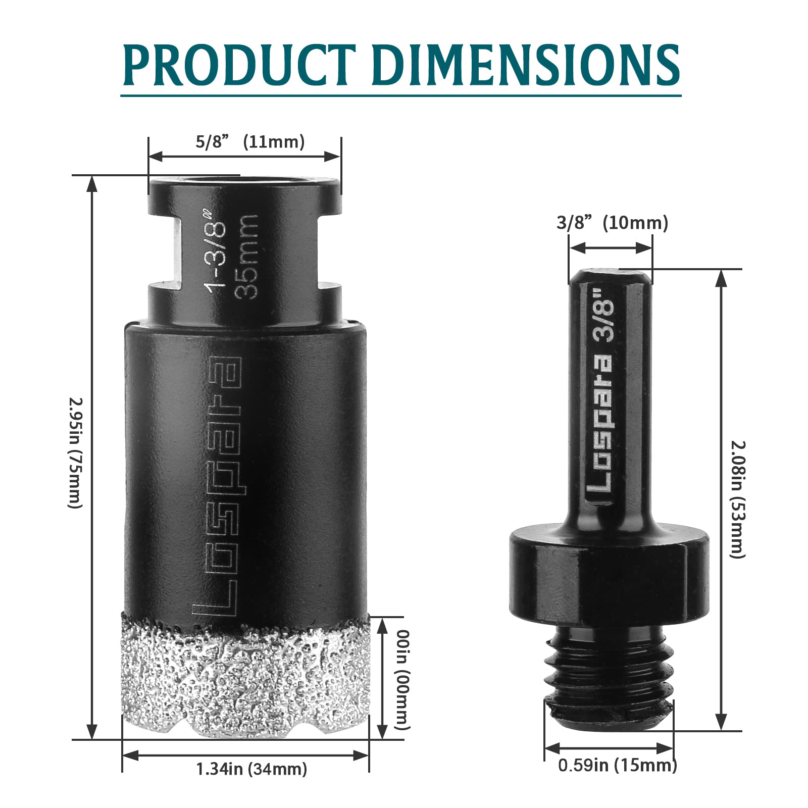 Dry Diamond Core Drill Bit, 1-3/8" 35mm Vacuum Brazed Hole Saw for Marble Porcelain Brick Masonry Concrete Hard Materials, Diamond Tile Hole Saws with 5/8-11 Thread Plus 3/8 Hex Shank Adapter