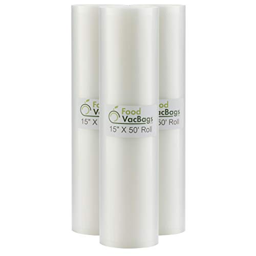 Three FoodVacBags 15"x50' Rolls Embossed Vacuum Sealer Storage Bags