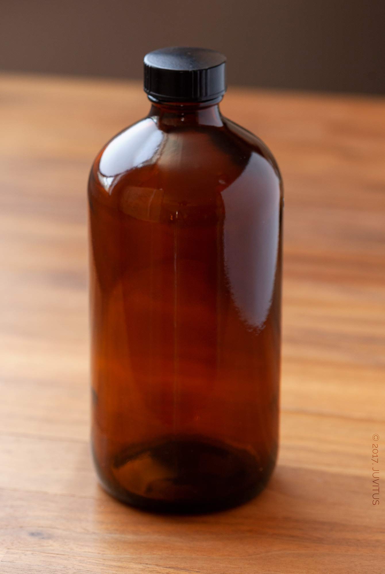 JUVITUS 16 oz Amber Glass Boston Round Bottle with Airtight Black Phenolic Cap (2 Pack)