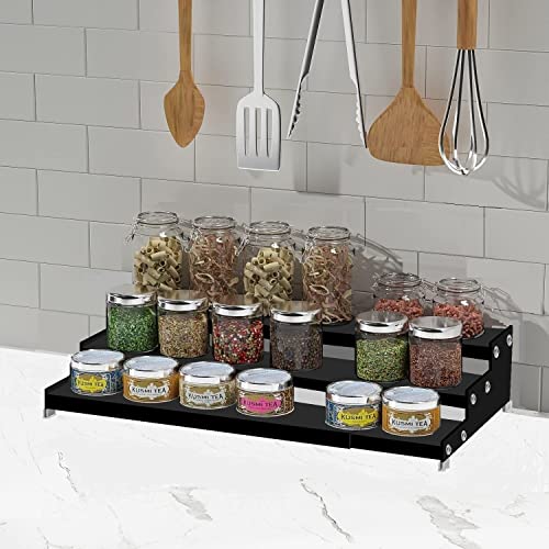Jojocross Spice Rack Organizer for Cabinet, 3-Tier Expandable Spice Storage,Great for Kitchen Cabinet,Cupboard,Pantry and Countertop More 1 Pack/Black