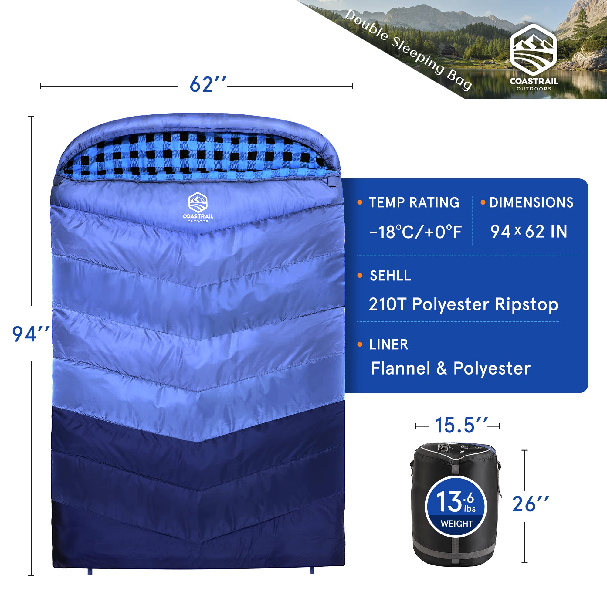 Coastrail Outdoor Double Sleeping Bag Queen-Sized for Adults Couples, 0F Degree XL Three-Zone Thickened Design Warm and Comfortable for Camping 3-4 Seasons Cold Weather with Compression Sack, Blue