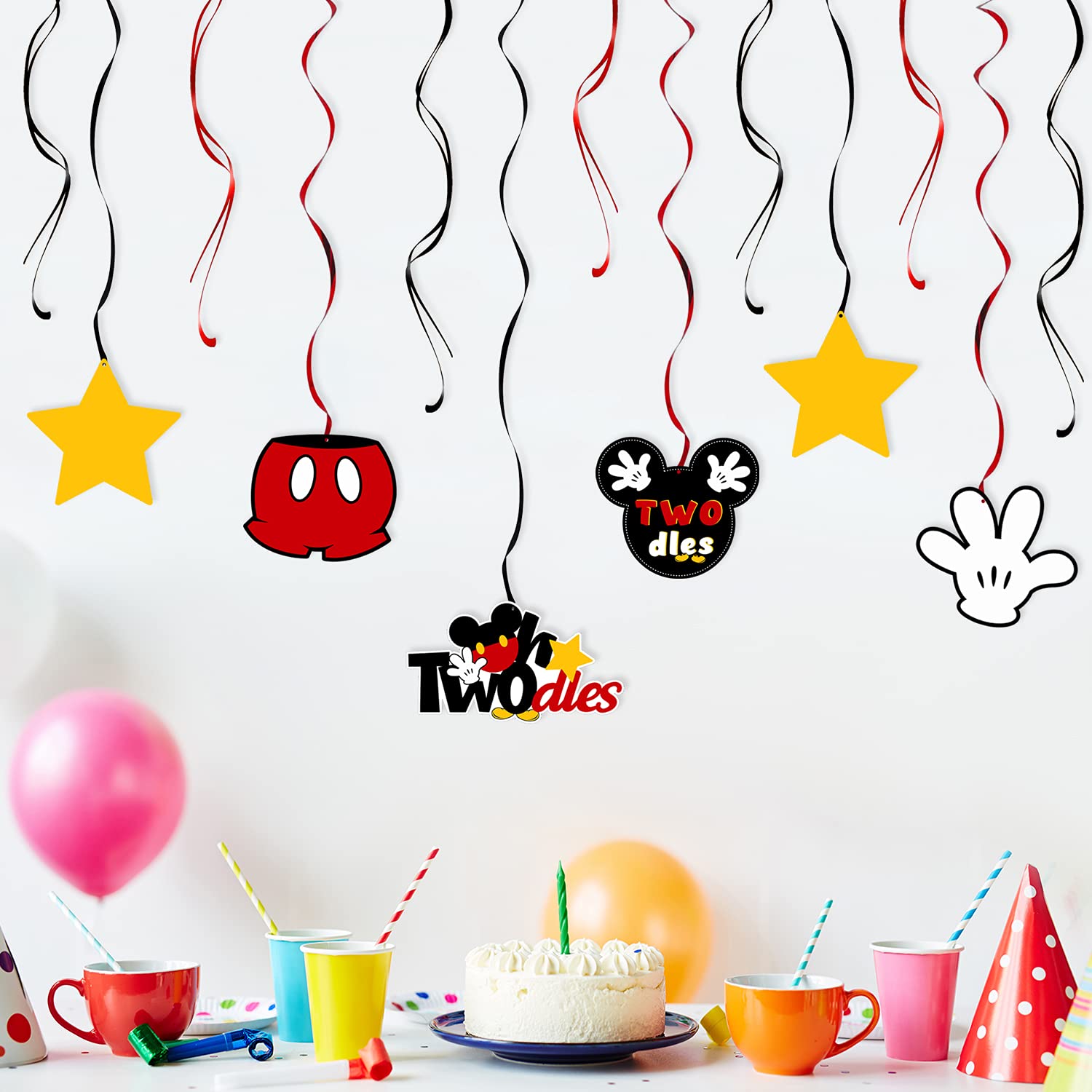 LINGTEER Mickey Oh Twodles Birthday Swirls Streamers - Cheers to Boys 2nd Birthday Kids Two Years Old Mouse Bday Party Hanging Decorations.
