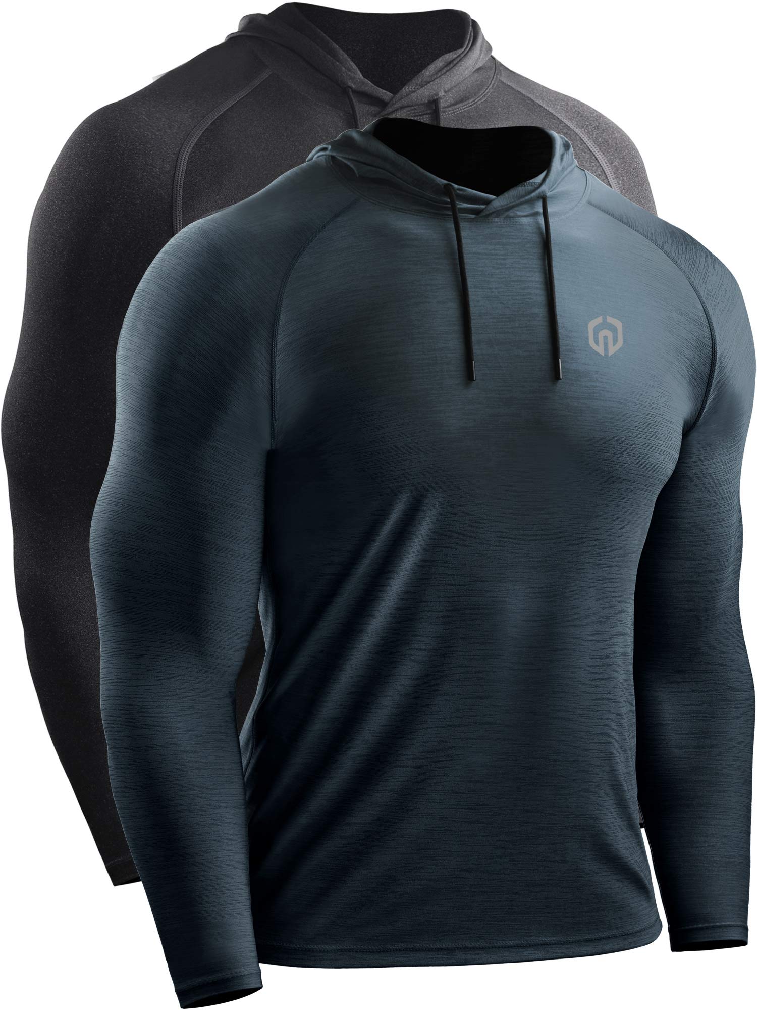 NELEUS Men's 2 Pack Dry Fit Running Shirt Long Sleeve Workout Athletic Shirts with Hoods,5071 Slate Grey,Dark Grey,US XL,EU 2XL
