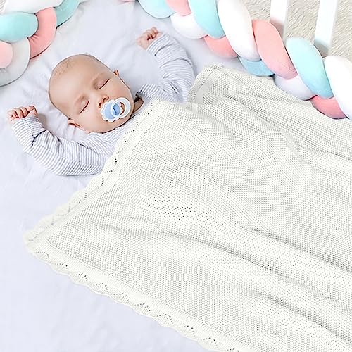 TRENDSTITCH 100% Cotton Baby Blanket Knit Lace Soft Warm Toddler Blanket,30 x 40 Inches,White