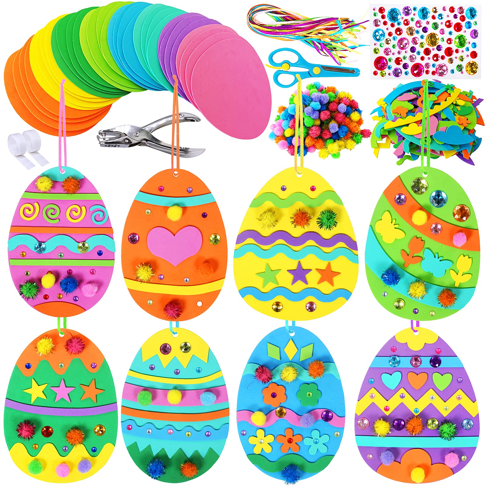 Winlyn 32 Sets Easter Egg Ornaments Decoration DIY Easter Craft Kits Assorted Foam Easter Egg Ornaments Easter Foam Stickers for Kids Party Favors Easter Spring Classroom Activity Art Project