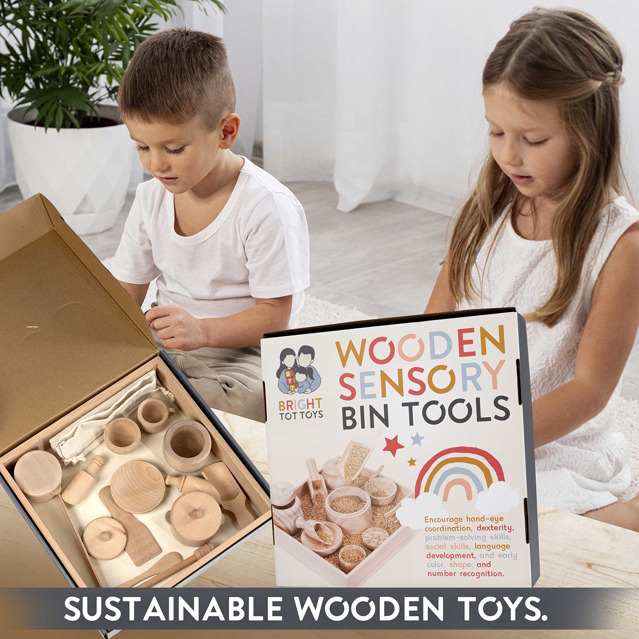 Sensory Bin Tools with Wooden Box, Montessori Toys for Toddlers & Kids, Set of 12 Wood Waldorf Toys for Transfer Work, Sensory Learning & Motor Skill Development