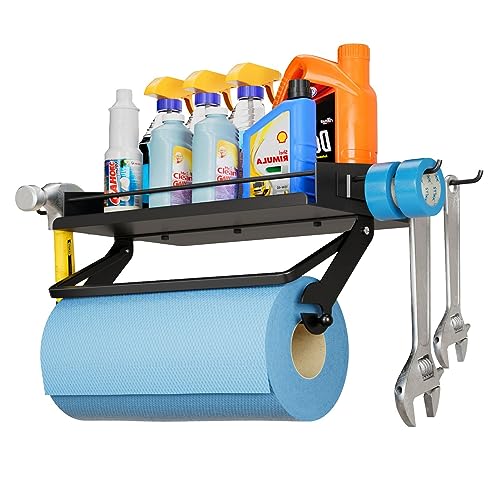 Lorbro Garage Paper Towel Holder, Paper Towel Holder Wall Mount with Shelf One Hand Tear, Garage Organization and Storage with 4 Detachable Hooks, Holds 50 lbs, for Quick Clean Station, Workshop