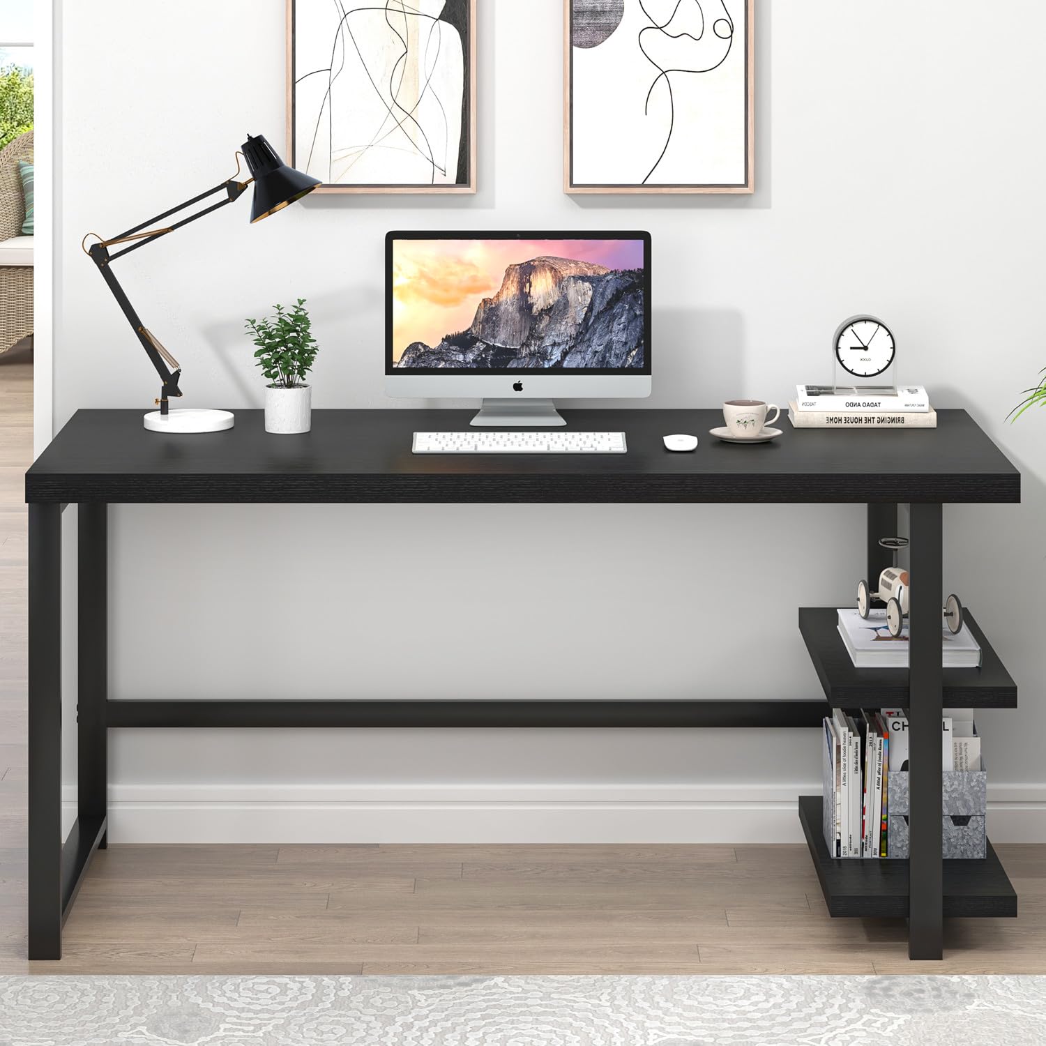 EXCEFUR Industrial Computer Desk, Home Office Desk with Storage Shelves, Wood Study Writing Table for Bedroom, Living Room, Grey, 53 Inch