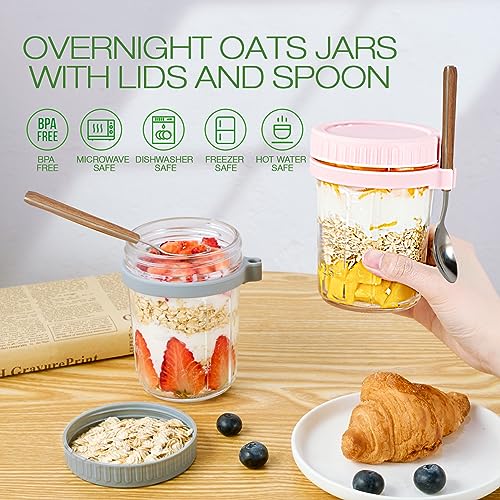 Hoa Kinh Overnight Oat Containers with Lids and Spoon 16oz 2Pack Glass Mason Jars for Overnight Oats, Cereal, Milk, Vegetable and Fruit Salad, Airtight Jars with Two Measurement Marks(Grey and Green)