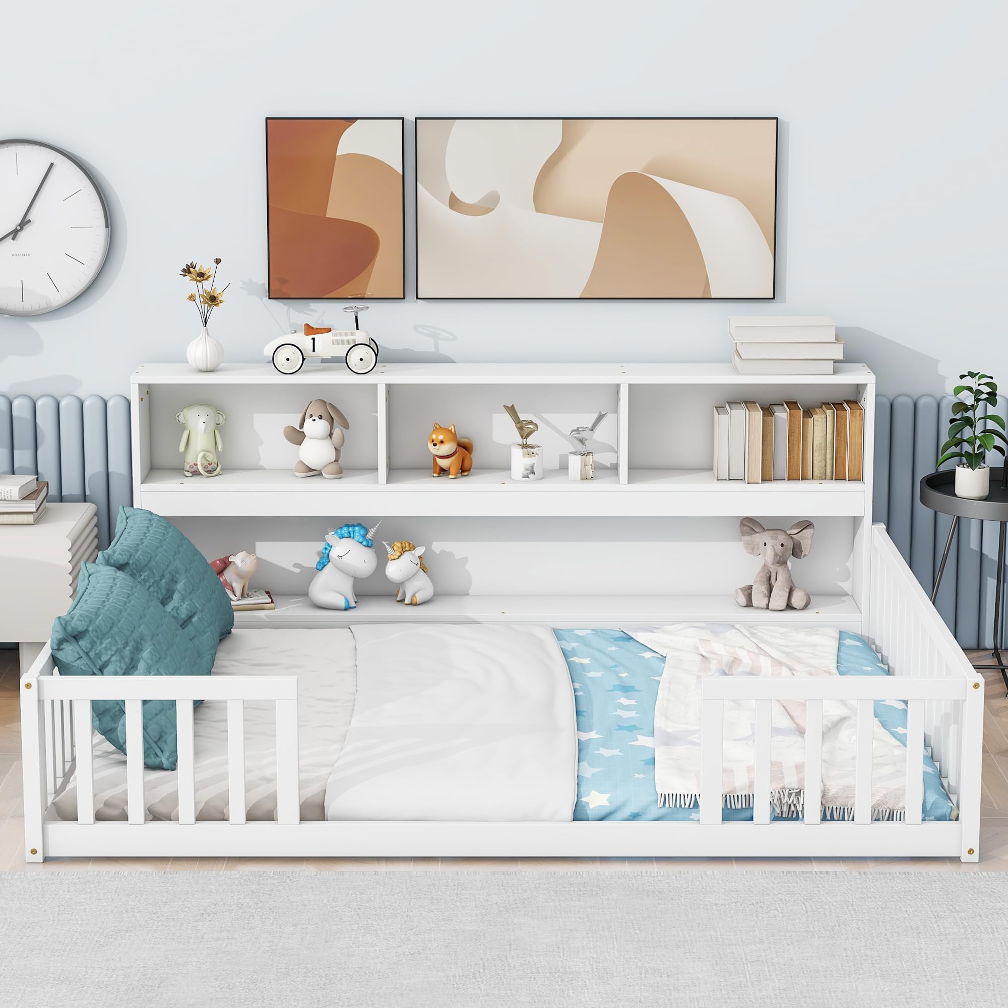 ECKF Full Size Floor Bed,Montessori Floor Bed with Bedside Bookcase and Shelves,Toddler Floor Bed with Guardrails for Kids,Girls,Boys (White, Full)