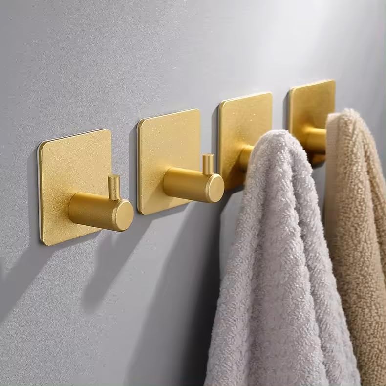 Generic 4 Packs Adhesive Towel Hooks Wall Hooks for Bathroom, Kitchen, Adhesive, No Drill, Stainless Steel,, Gold, BSM0129