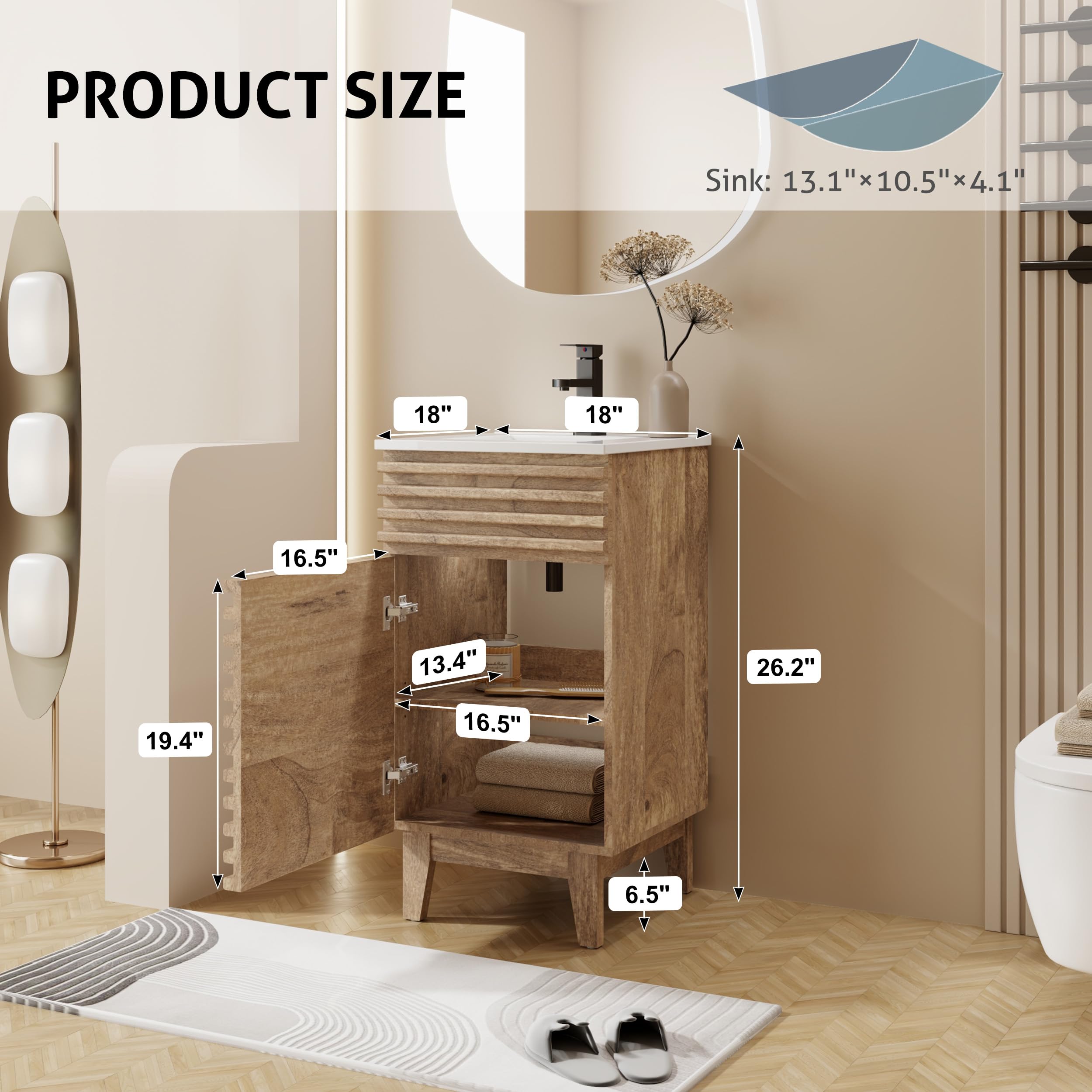 eclife 18" Bathroom Vanity with Sink Combo Mid-Century Floor Cabinet Set w/Wood Stripes, Adjustable Shelf, Undermount Sink