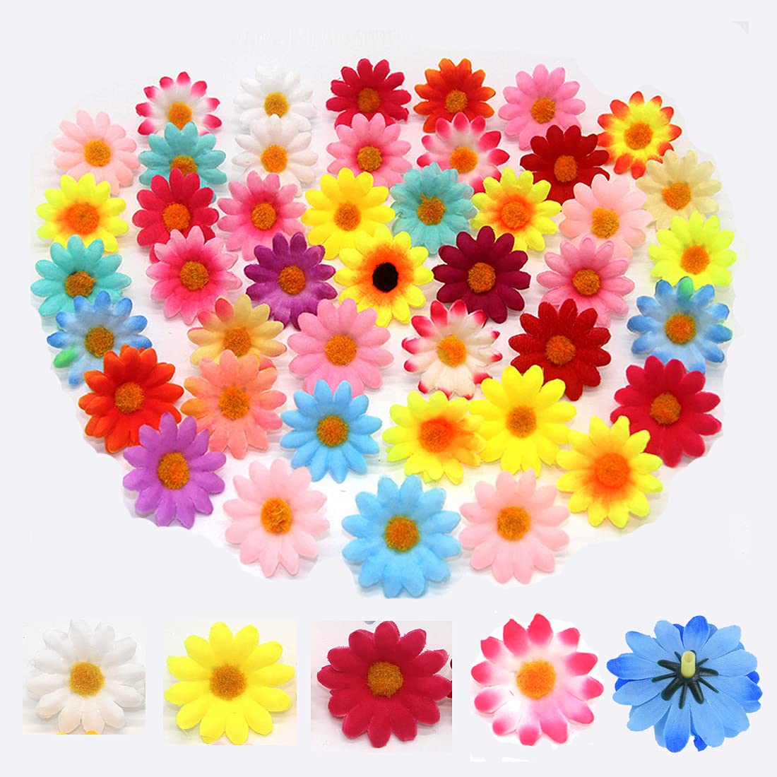 SUKPSY 100 Pcs Mix Color Mini Artificial Flower Heads 1.57 inch Silk Fabric Fake Sunflower Head for Home Wedding Party DIY Garden Craft Scrapbooking Decoration
