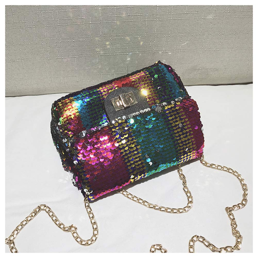 Sequin Crossbody Purse Shoulder Bags Rainbow Stylish Handbag Reversible Pouch with Chains for Girls Womens