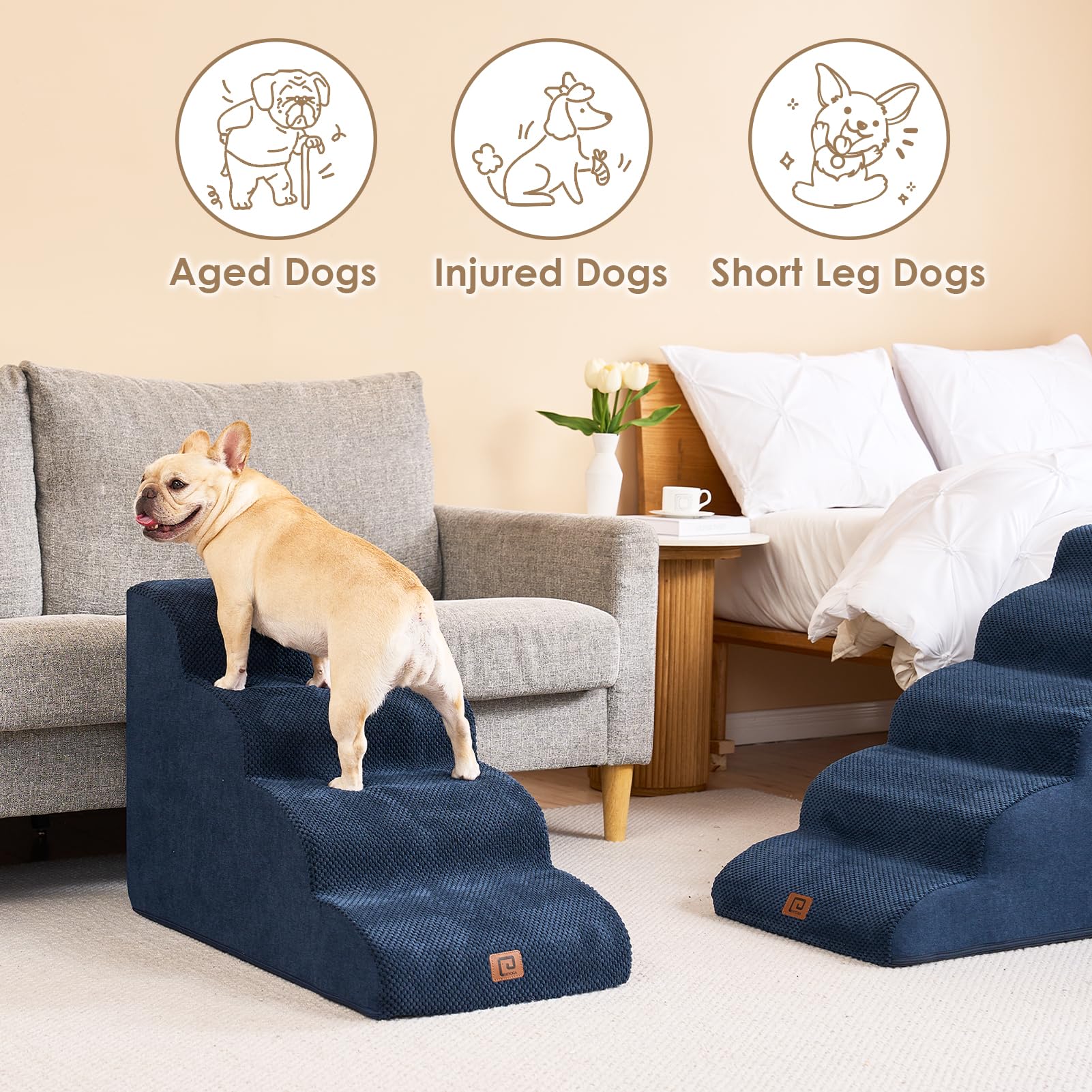 EHEYCIGA Curved Dog Stairs Ramp for High Beds 19.7" H, 4-Step Dog Steps for Small Dogs and Cats, Pet Stairs for High Bed Climbing, Non-Slip Balanced Pet Step Indoor, Navy