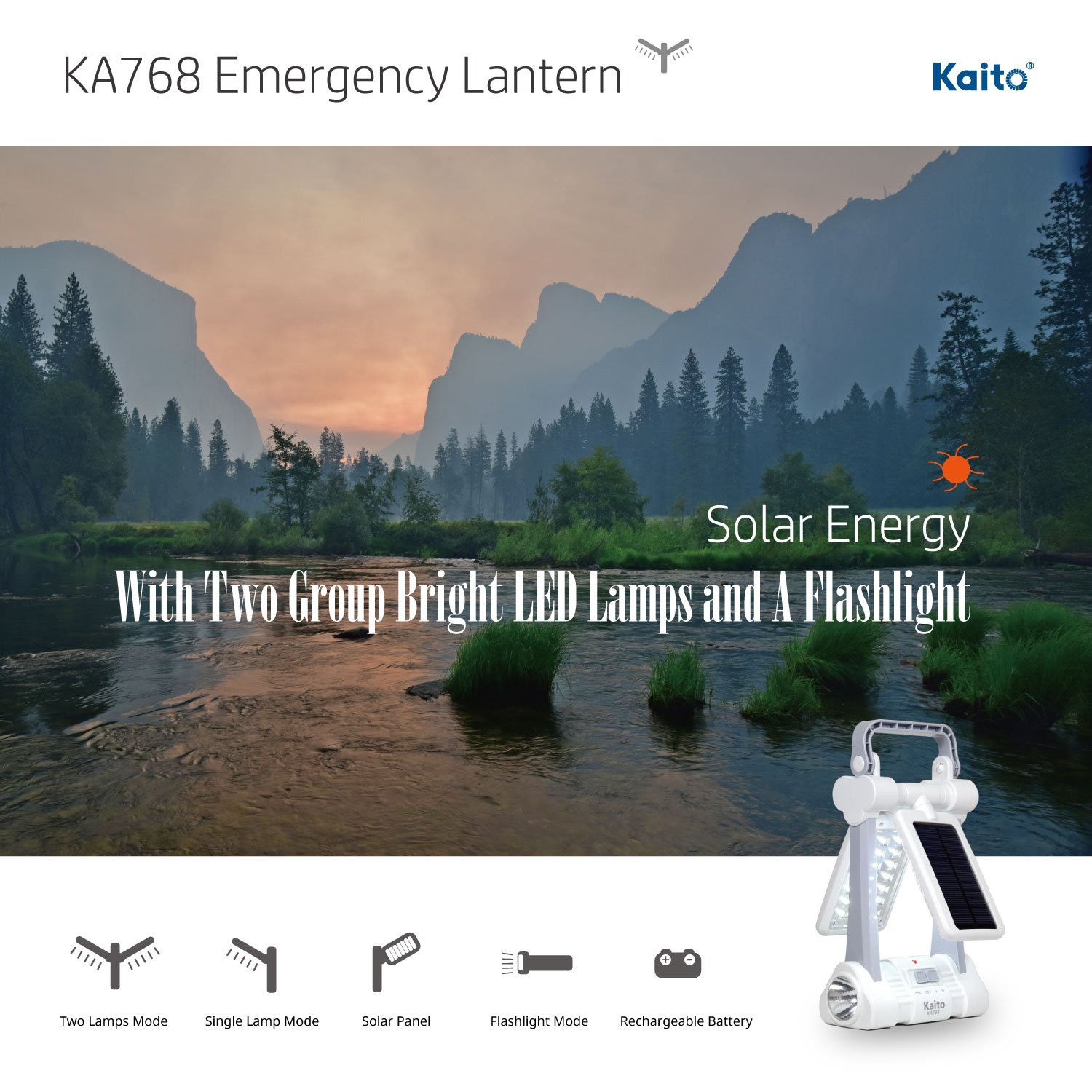Kaito KA768 Multi-Functional Twin-Panel Rechargeable & Portable Solar LED Lantern