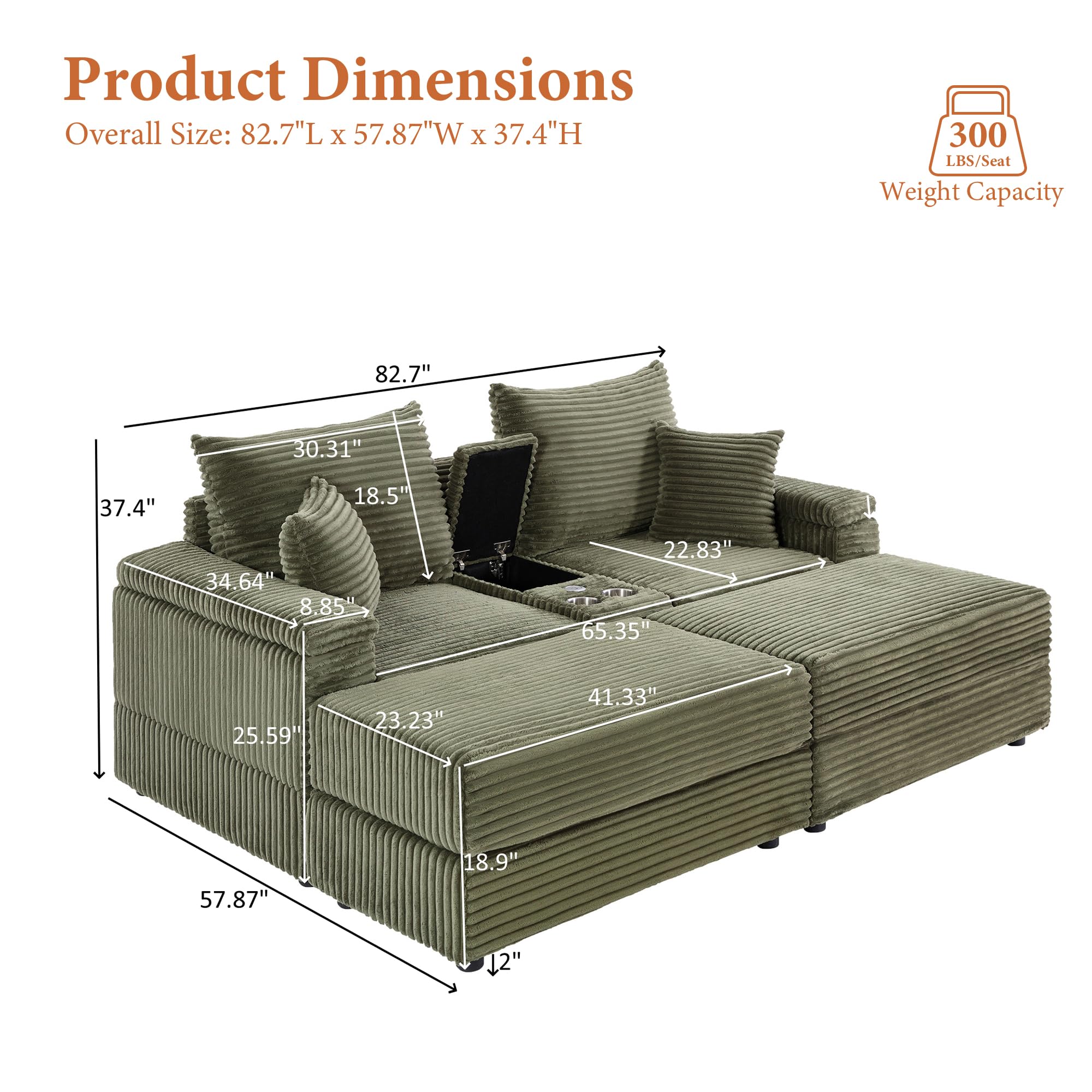 GNIXUU 82.7" Oversized Loveseat Sectional Sofa Sleeper with Storage Console & Cup Holders & USB Ports, Comfy Chaise Lounge Couch Bed with Ottomans for Living Room, Green Corduroy