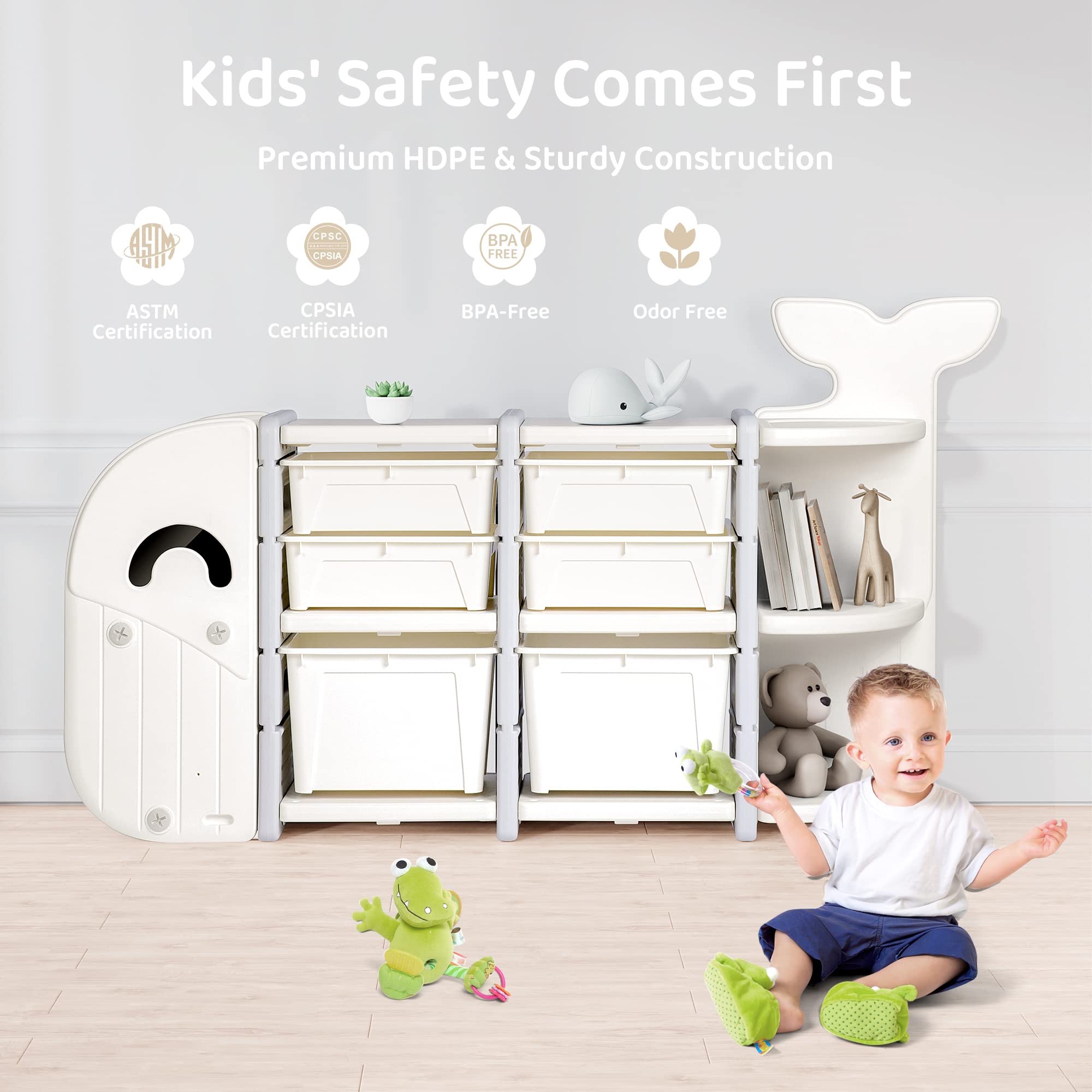 duke baby Kids Small 3 Layer Toy Storage Organizer with 6 Pull-out Storage Bins, Display Bookshelves, Multipurpose Toy Cabinets for Kids Playrooms Bedrooms Age 1-12, Whale Collection White Grey