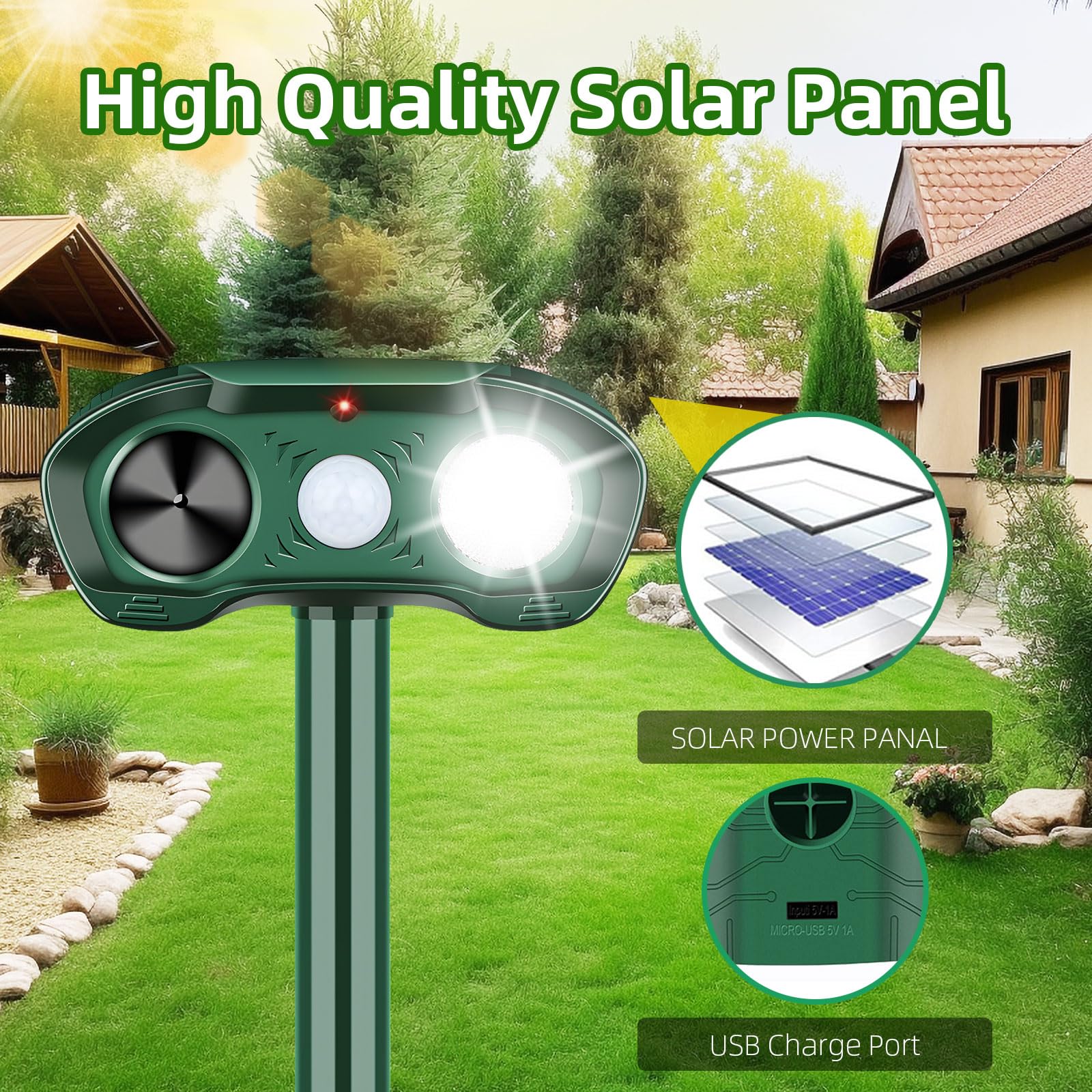 Jahy2Tech Ultrasonic Animal Repellent Outdoor Deer Repellent Devices with Motion Sensor & Strobe Light,Sonic Cat Repellent Skunk Rabbit Raccoon Repellent Solar Animal Repeller Deterrent,2 Pack, Green