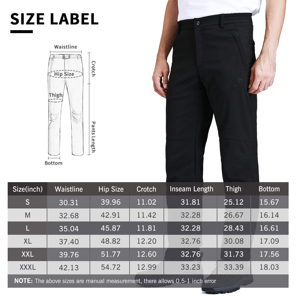 CAMEL CROWN Men’s Waterproof Hiking Pants Ski Fleece Lined Insulated Warm Soft Shell Pants Black