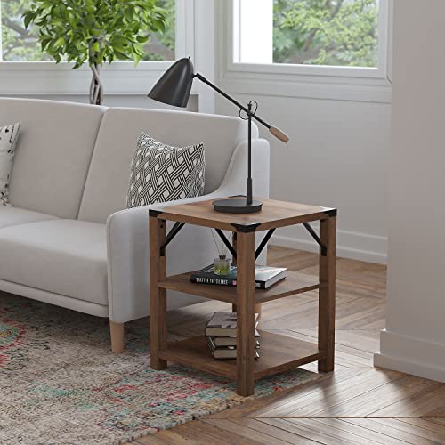Flash Furniture Wyatt Modern Farmhouse 3 Tier Side Table - Rustic Oak Engineered Wood Frame - Black Metal Crisscross Side Braces and Corner Accents
