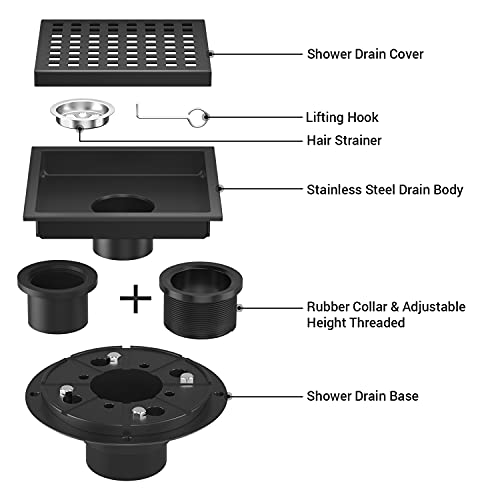 EXF Square Shower Drain 6 Inch Matte Black, Stainless Steel Shower Floor Drain Kit with Flange, Removable Grid Grate, Hair Strainer, Not Fit for Bathtub