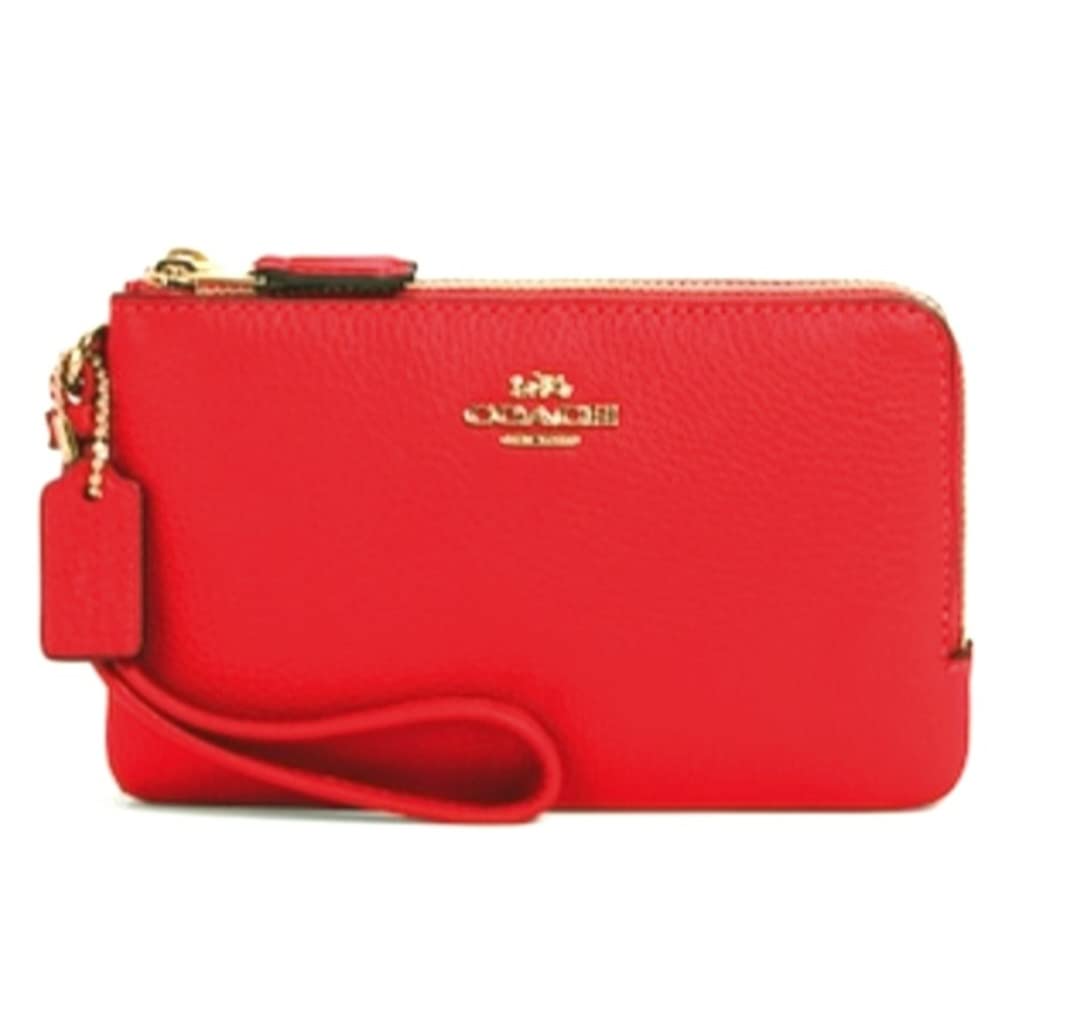 Coach Women Double Corner Zip Wristlet Pebbled Leather Gold/Electric Red