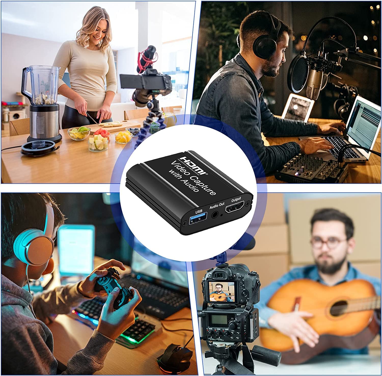 Capture Card 1080p 60fps, HDMI USB2.0 Video Game Capture Card 4K with Mic Input Audio Output for Streaming Nintendo Switch, Xbox Series X/S, Xbox One, PS4, PS5