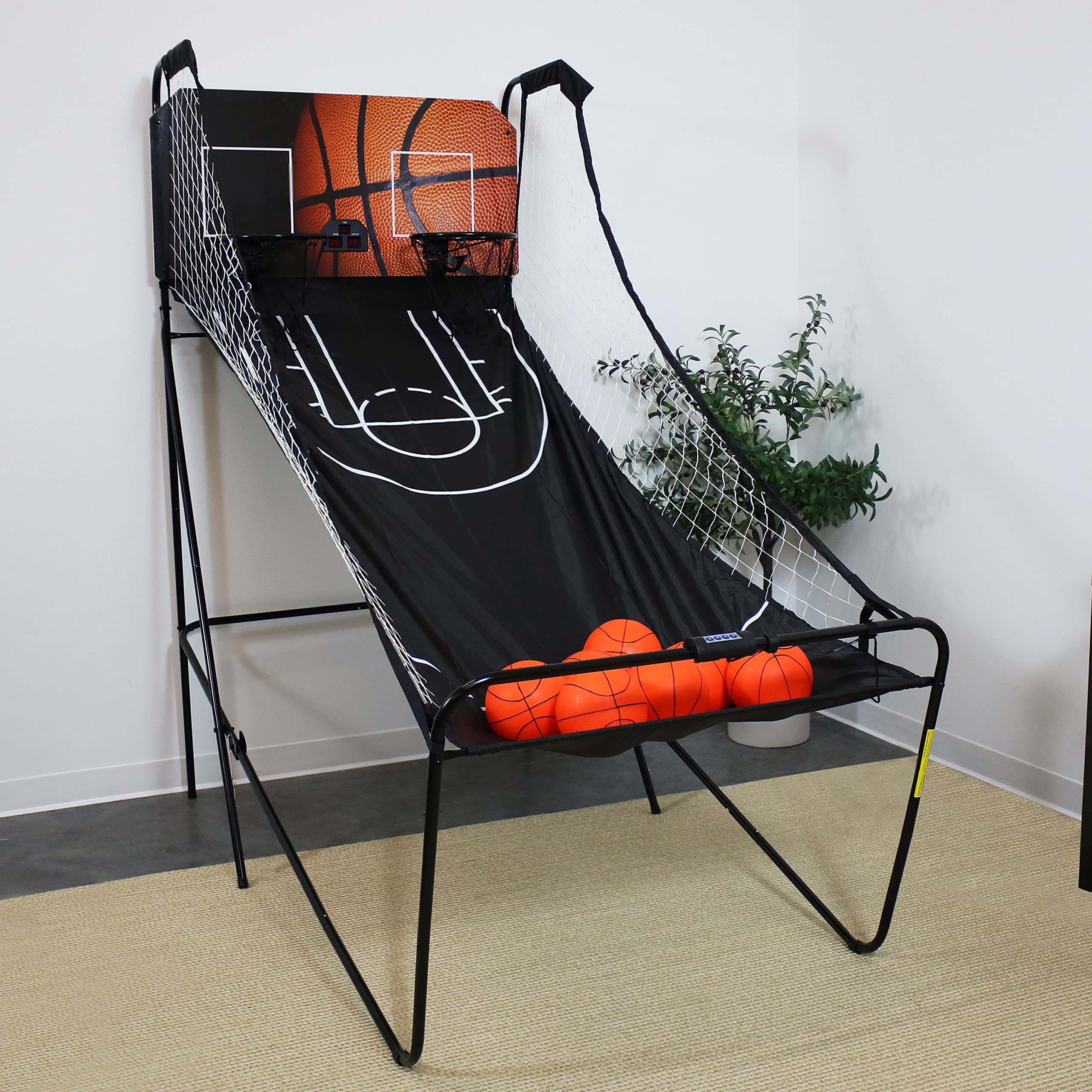 Sunnydaze Folding Indoor 2-Player Arcade Basketball Game with Dual Hoops - Electronic Scorer, 8 Game Modes, 7 Balls