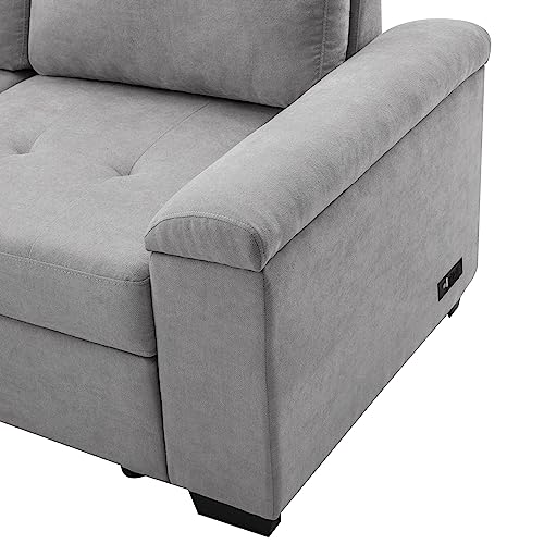 Merax, L-Shape Corner Couch Sofa-Bed with Storage Ottoman & Hidden Arm Storage & USB Charge for Living Room Apartment, Light Gray