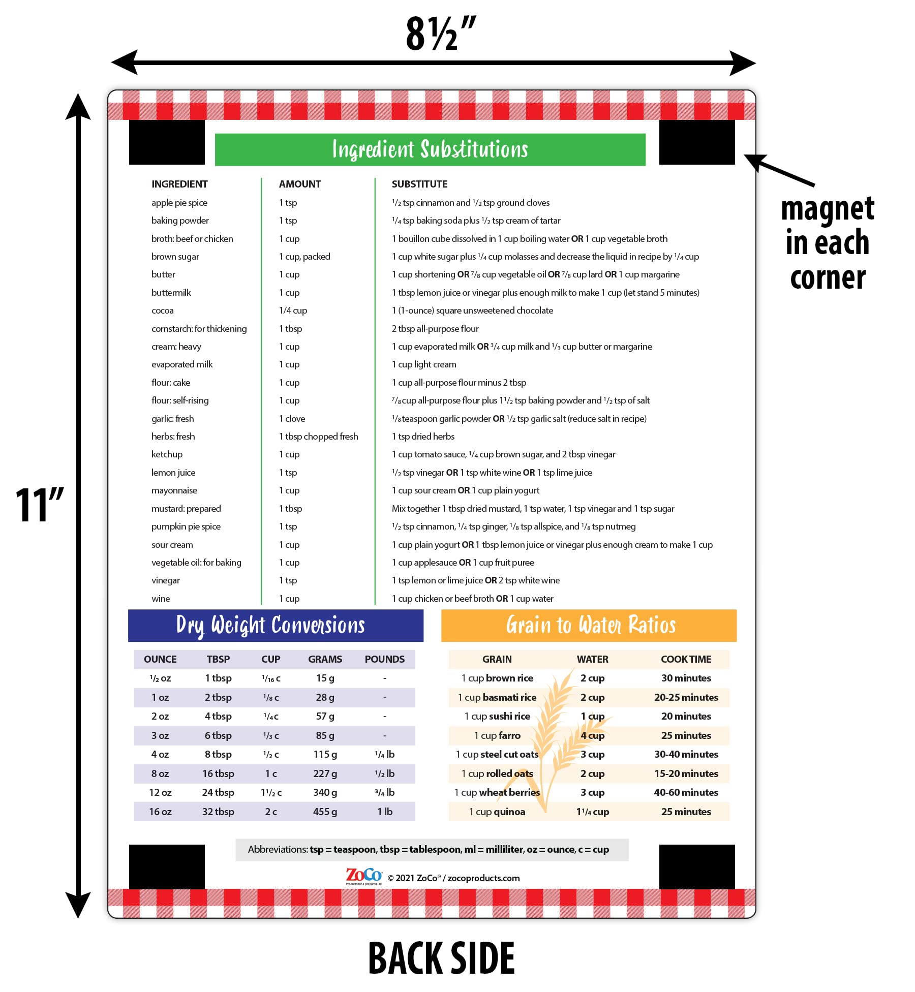 Cooking Conversion Chart Kitchen Magnet - Liquid, Dry Weight, Oven Temperature Conversions - Food, Meat Internal Temperature Guide - Ingredient Substitutions - Grain to Water Ratios - 8.5 x 11 in.