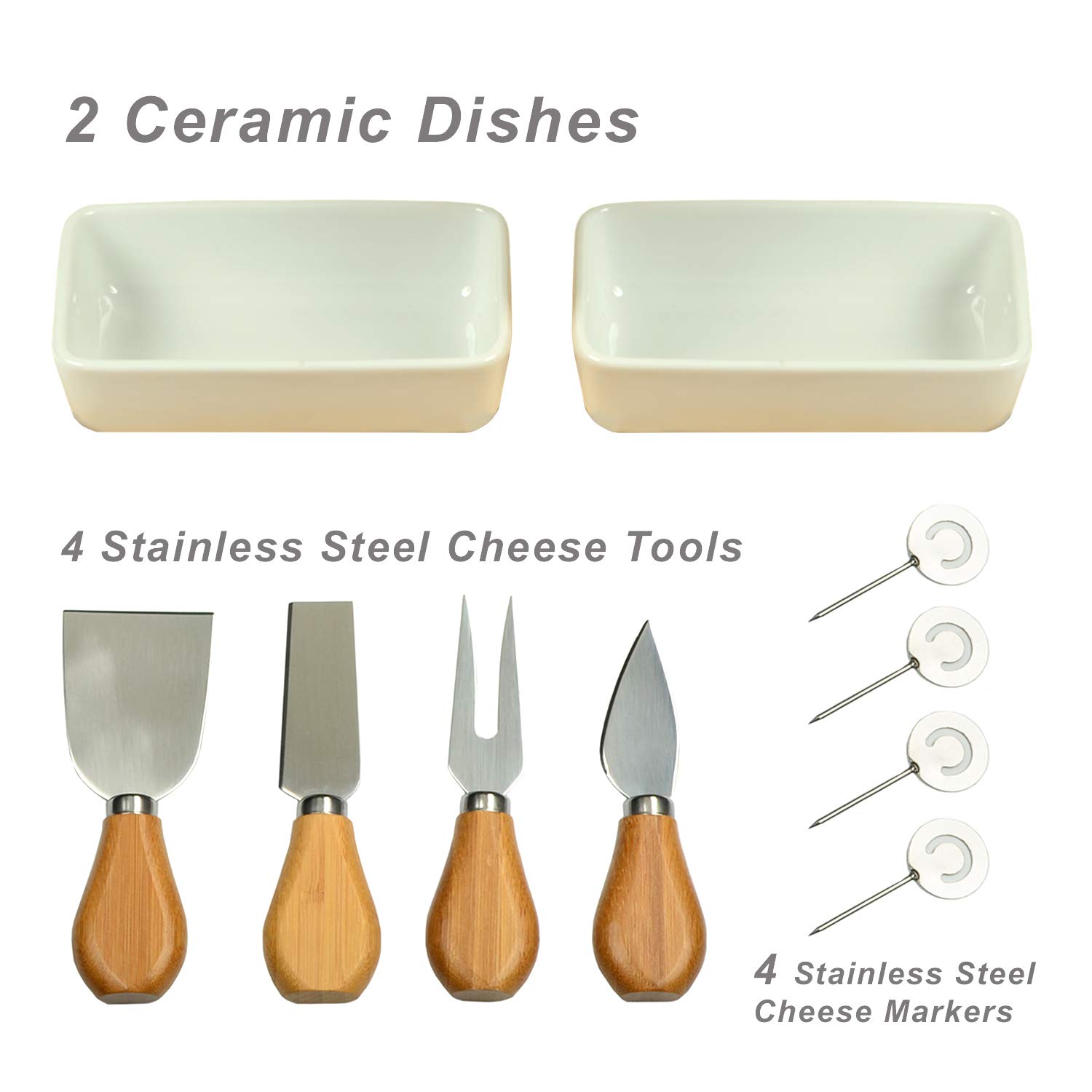 Custom Personalized Engraved Bamboo Cheese/Charcuterie Cutting Board with Ceramic Bowls, Cheese Tools & Cheese Markers-Designed & Quality Checked in USA