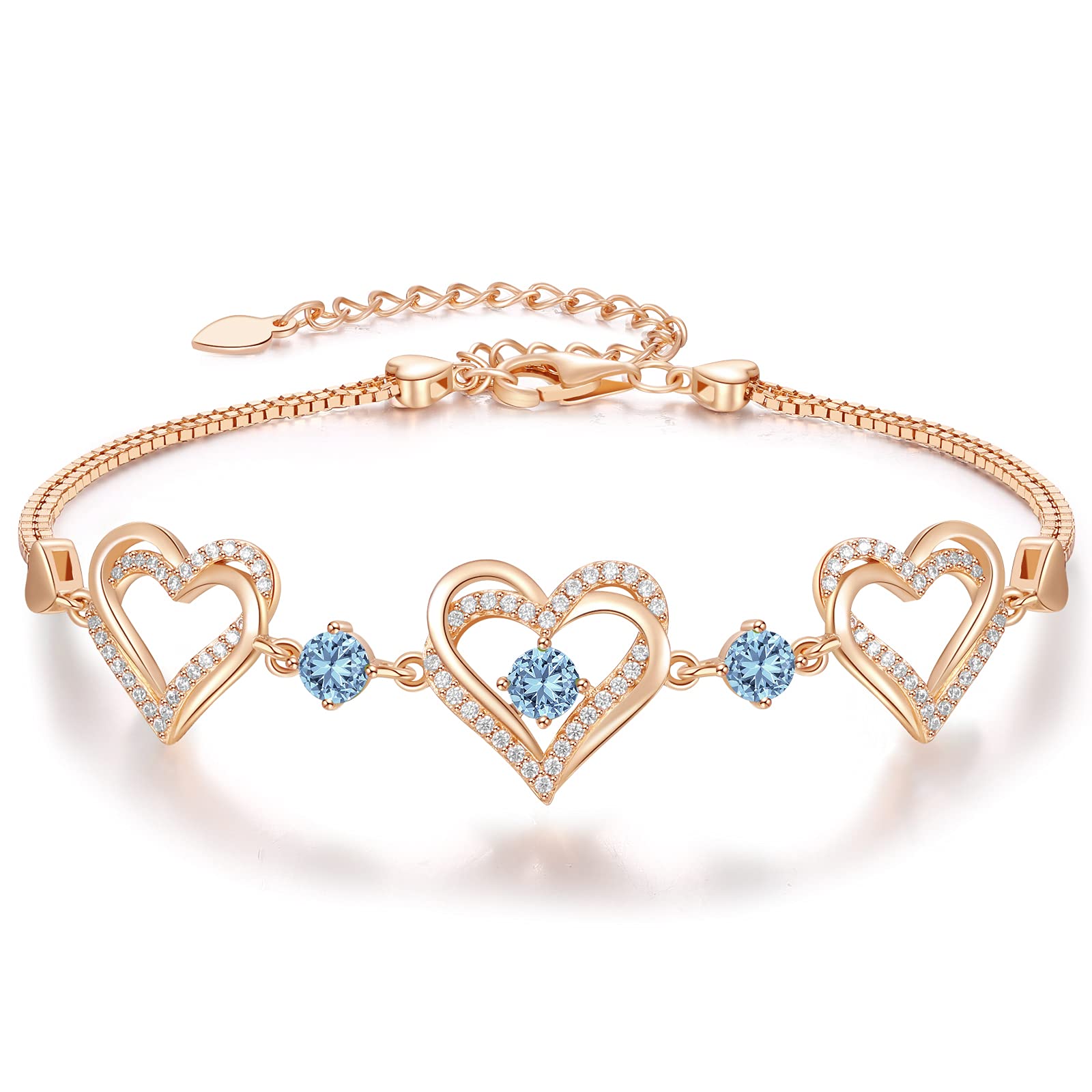 CDE Forever Love Heart Charm Link Bracelet for Women, 925 Sterling Silver Birthstone Bracelet Mother's Day Gift Anniversary Birthday Jewelry Gifts for Women Wife Her Girlfriend