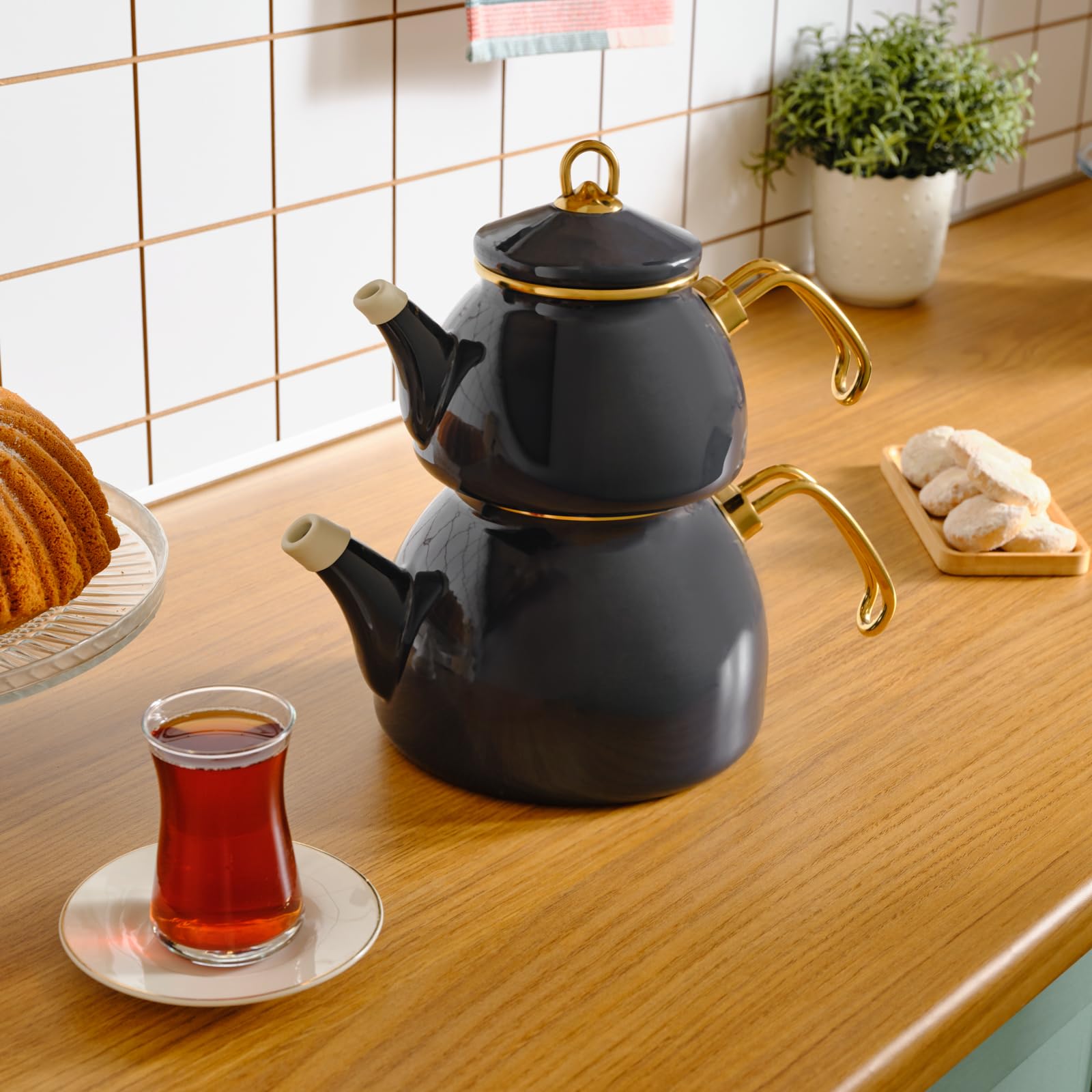 Karaca Retro Teapot Set Anthracite, Enamel, Teapot/Lid (1.1 lt, 2.4 lb), Tea Kettle (2.3 lt, 5 lb), Titanium Coated Handles, Suitable for Induction
