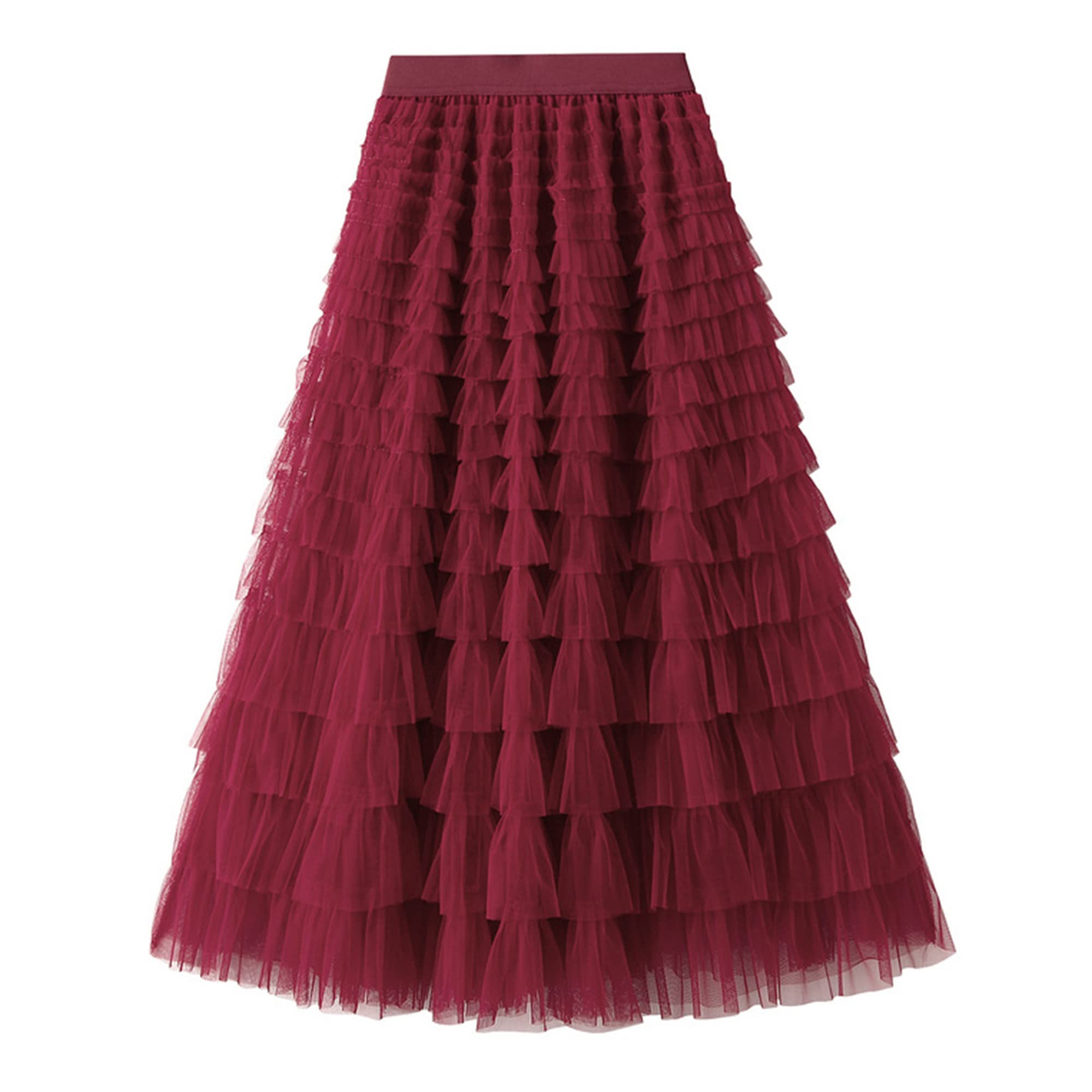 Dirholl Women's A-Line Fairy Elastic Waist Tulle Midi Skirt Tutu B Burgundy