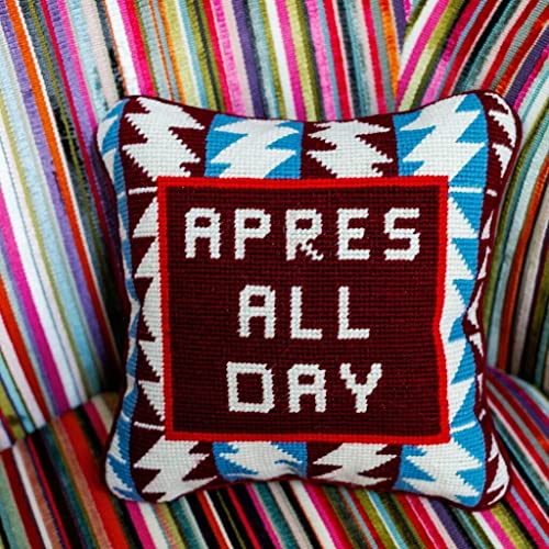 FURBISH Handmade Needlepoint Decorative Throw Pillow - Apres All Day - 10" x 10" - Small Embroidered Accent Pillow for Bed, Chair, Couch, Sofa - Aesthetic Apres Ski House Decor