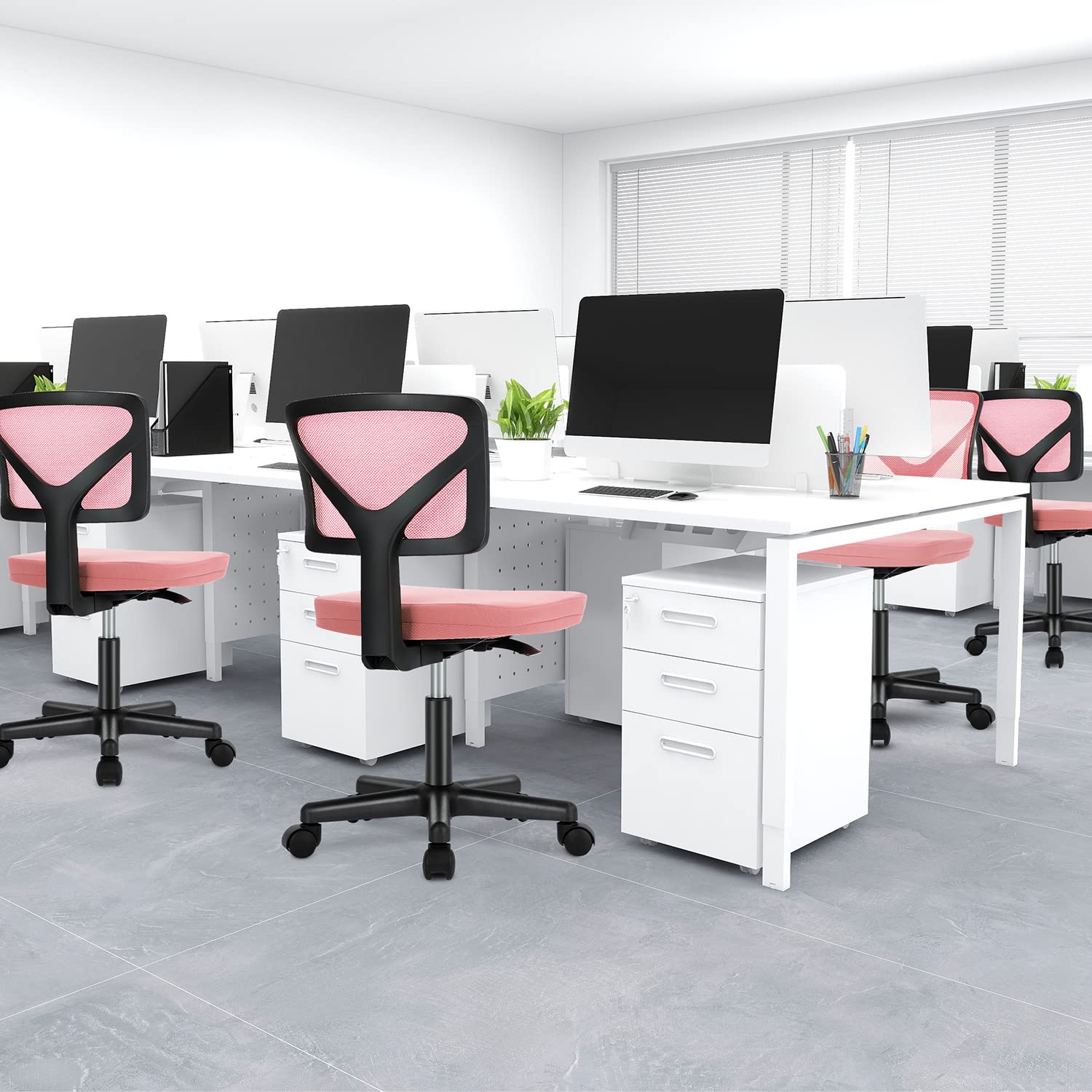 DUMOS Armless Desk Wheels Cute Home Office Chairs, Ergonomic Adjustable Swivel Rolling Task, Comfy Mesh Mid Back Computer Work Vanity Chair for Small Spaces, Light Pink