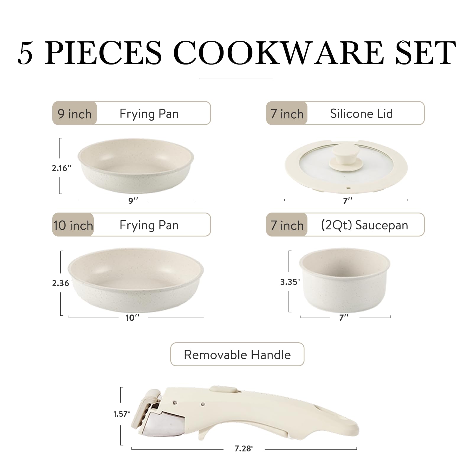 CAROTE 5pcs Pots and Pans Set, Nonstick Cookware Set Detachable Handle, Induction Kitchen Cookware Sets Non Stick with Removable Handle, RV Cookware Set, Oven Safe, Cream White, A02991