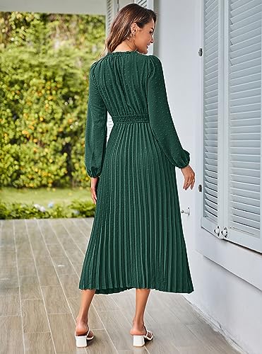 MEROKEETY Womens Elegant Long Lantern Sleeve V Neck Swiss Dot Ruffle Flowy Wedding Guest Dress,DarkGreen,M