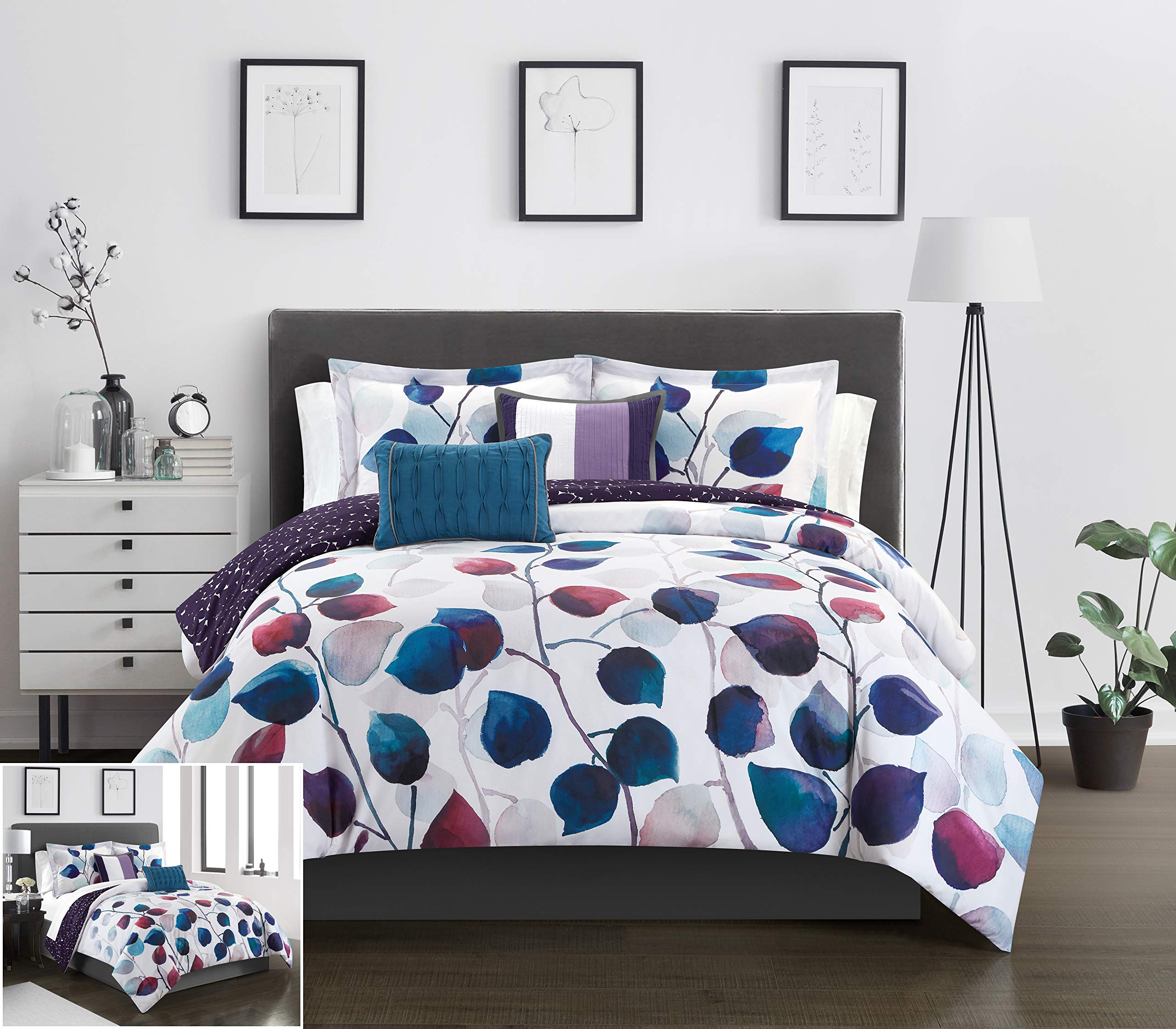 Chic Home Anais 5 Piece Reversible Comforter Set Contemporary Watercolor Floral Theme Design Bedding-Decorative Pillows Shams Included, Queen, Multi Color