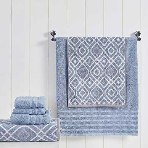 Modern Threads Amrapur Overseas 6-Piece Yarn Dyed Oxford Stripe Jacquard/Solid Ultra Soft 500GSM 100% Combed Cotton Towel Set [Blue]