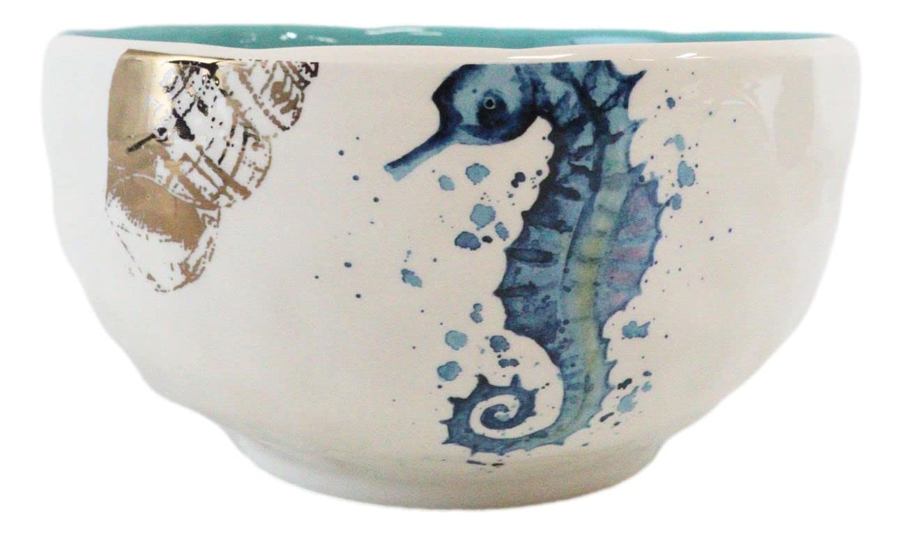 Ebros Nautical Marine Coastal Sea Life Blue And White Seahorse Ceramic Dinnerware For Beach Party Hosting Kitchen And Dining Earthenware Serveware (Large Pasta Noodles Salad Soup Serving Bowl 95oz)