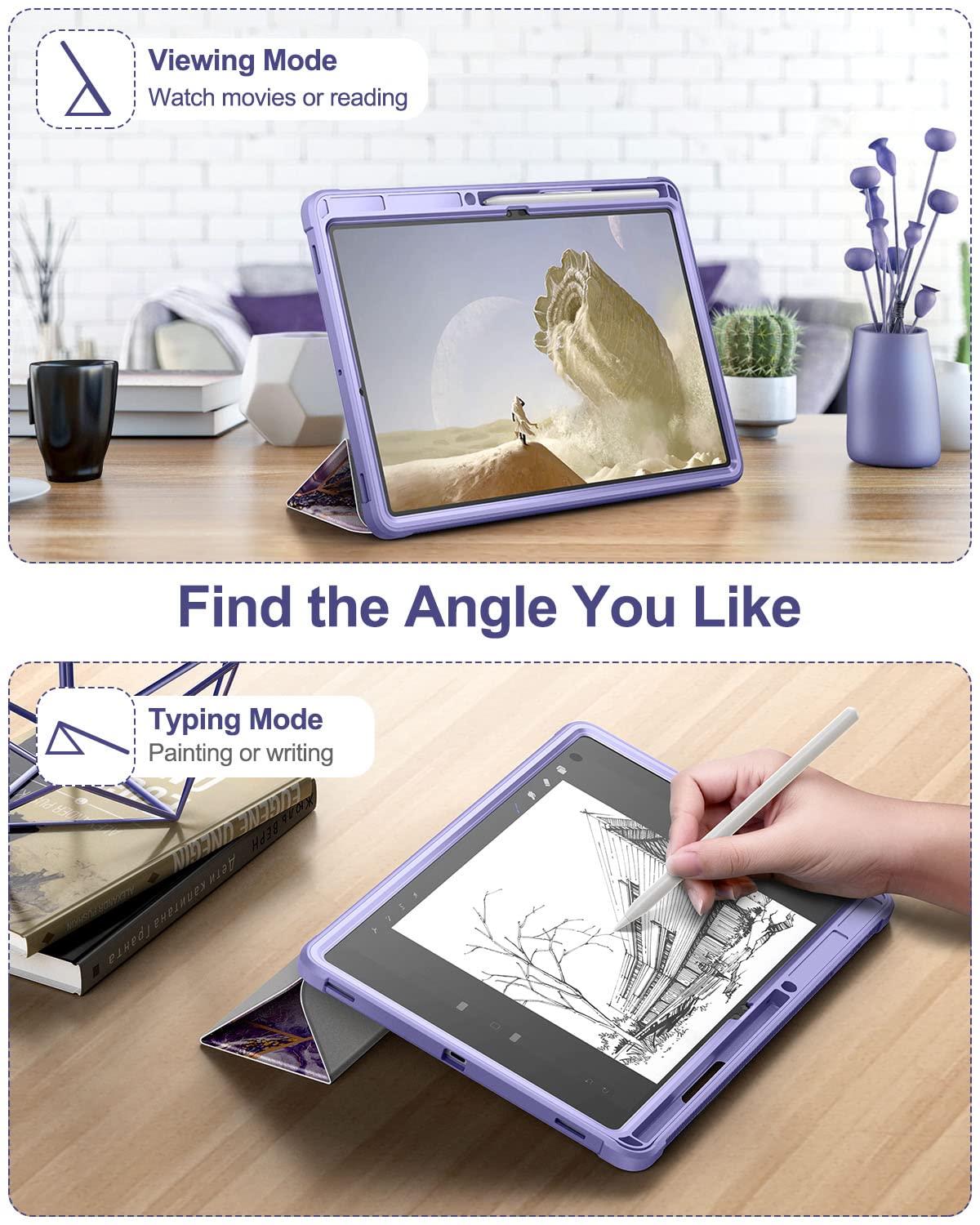 ONPINT Leather Case for Samsung Galaxy Tab S8 Plus/ S7 Plus/ S7 FE 12.4-inch, Built-in Screen Protector Folio Tablet Cover Magnetic Trifold Stand with S-Pen Holder for Women Men Cute, Lavender