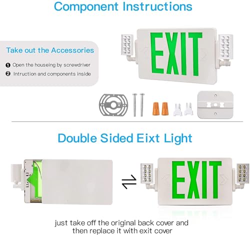 Spectsun 1 Pack Exit Signs with Emergency Lights,120-277VAC -LED Combo Emergency Light with Backup Battery-Double Face UL Listed Green Letter Exit Sign Lighting-Hard Wired-Fire Resistant