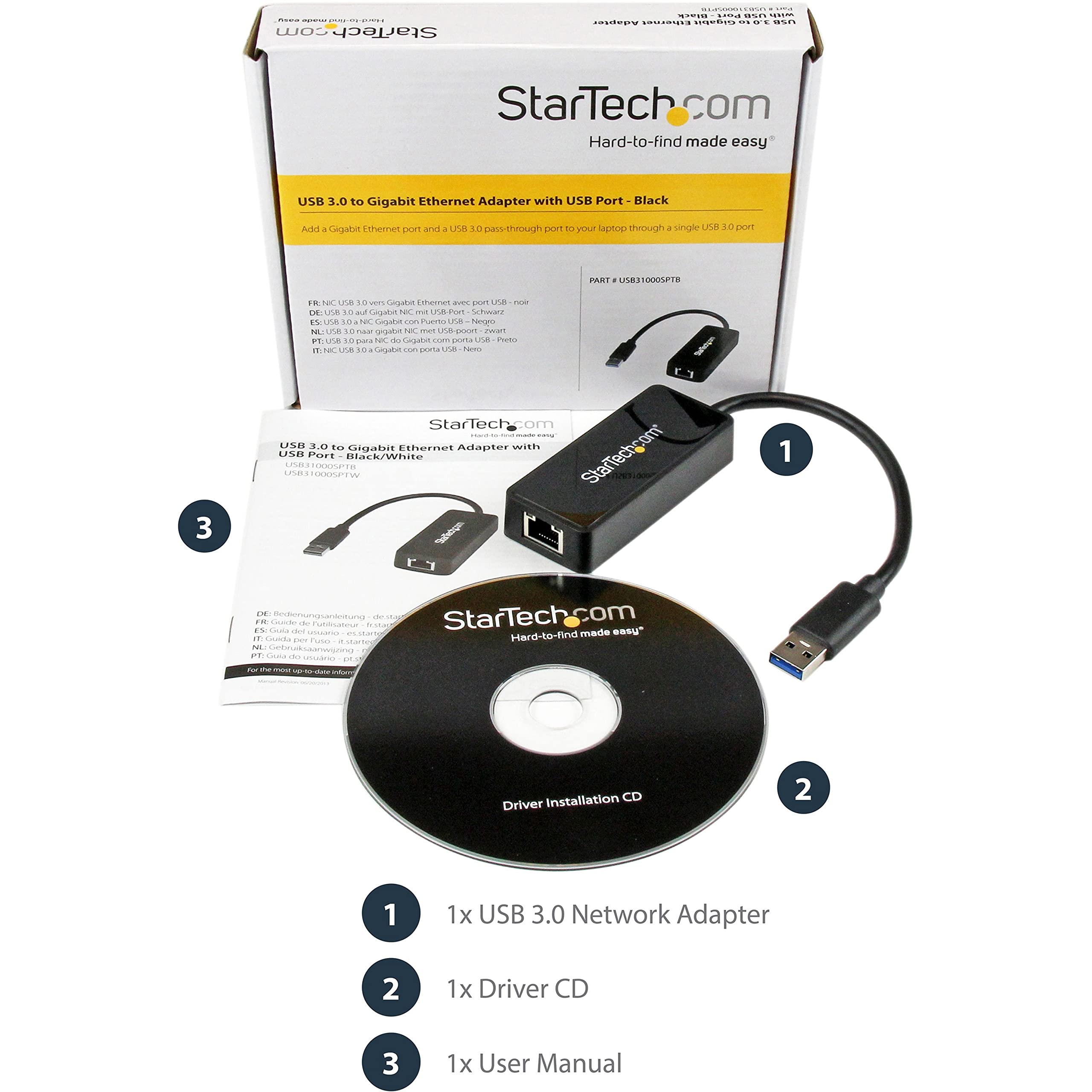 StarTech.com USB 3.0 Ethernet Adapter - USB 3.0 Network Adapter NIC with USB Port - USB to RJ45 - USB Passthrough (USB31000SPTB), Black, 0.7" x 1.4" x 5" x 5"