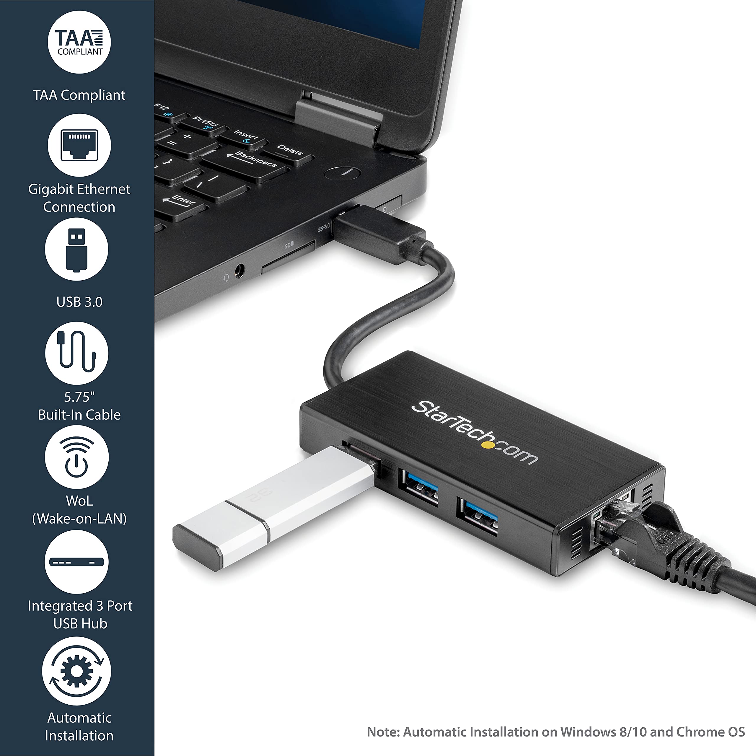 StarTech.com USB 3.0 Hub with Gigabit Ethernet Adapter - 5Gbps - 3 Port - NIC - USB Network / LAN Adapter - Windows & Mac Compatible , TAA (ST3300G3UA)