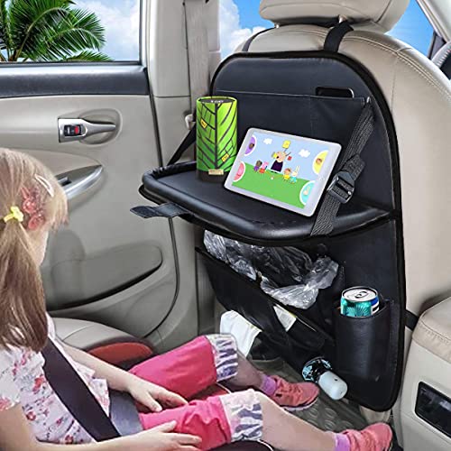 Car Backseat Organizers, Back Seat Organizer with Tray and Storage Leather for Kids Toy Bottle Drink Vehicles Travel AccessoriesFLY Ocean (Black 1 Pack)